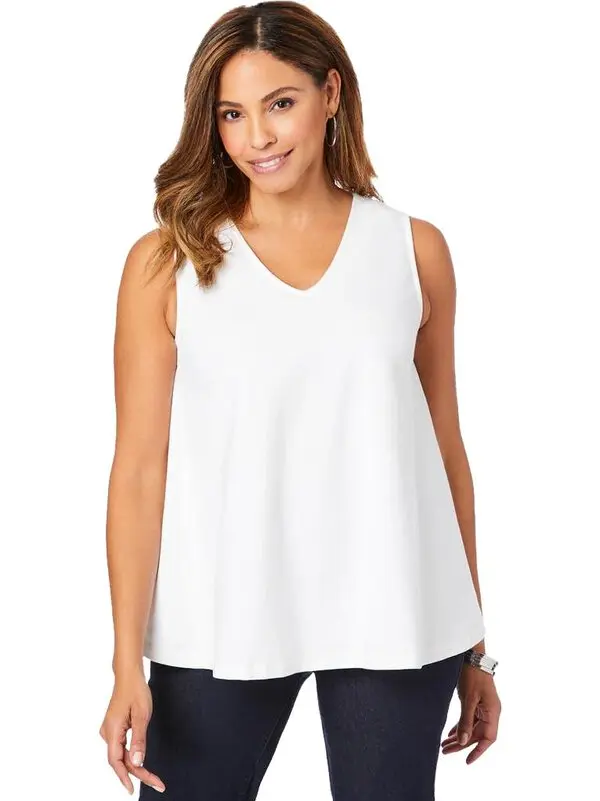 JESSICA LONDON Stretch Cotton V-neck Trapeze Tank - White