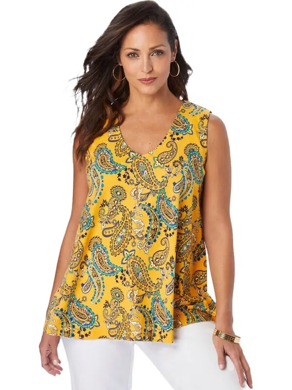 JESSICA LONDON Stretch Cotton V-neck Trapeze Tank - Yellow Playful Paisley