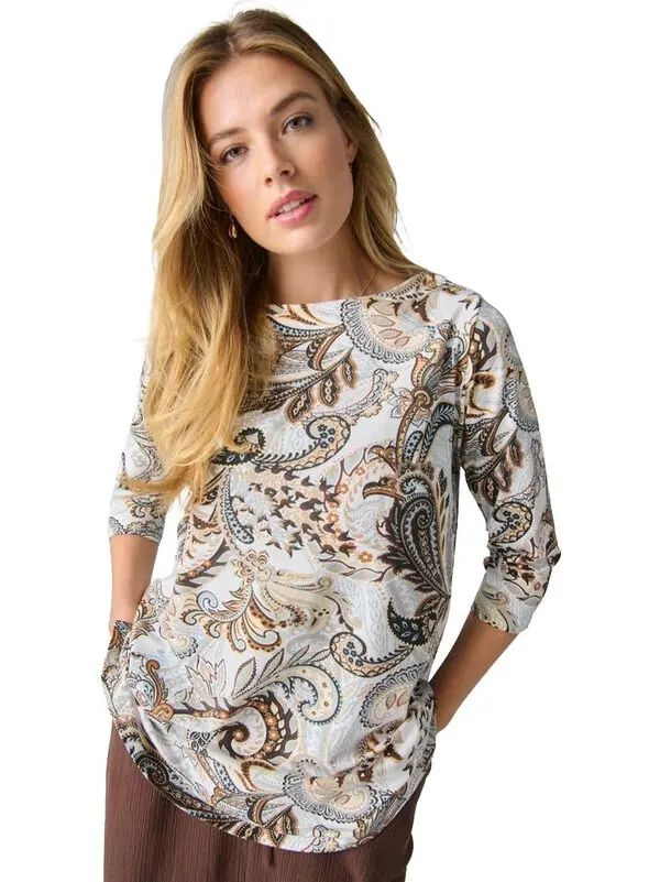 JESSICA LONDON Stretch Cotton Boatneck Tunic - Azure Khaki Paisley