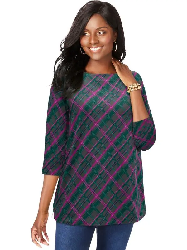 JESSICA LONDON Stretch Cotton Boatneck Tunic - Berry Pink Plaid