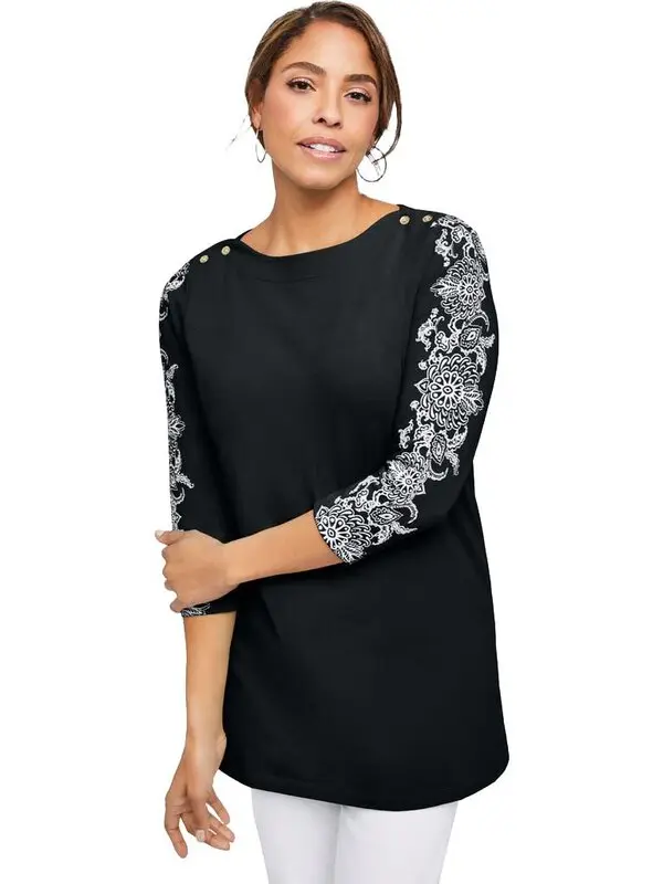 JESSICA LONDON Stretch Cotton Boatneck Tunic - Black Medallion