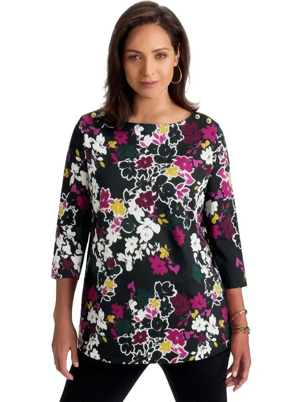 JESSICA LONDON Stretch Cotton Boatneck Tunic - Black Multi Flower