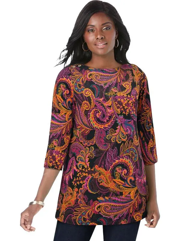 JESSICA LONDON Stretch Cotton Boatneck Tunic - Black Multi Paisley