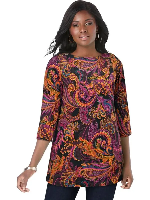JESSICA LONDON Stretch Cotton Boatneck Tunic - Black Multi Paisley