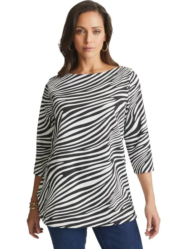 JESSICA LONDON Stretch Cotton Boatneck Tunic - Black White Zebra