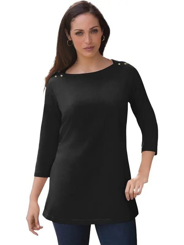 JESSICA LONDON Stretch Cotton Boatneck Tunic - Black