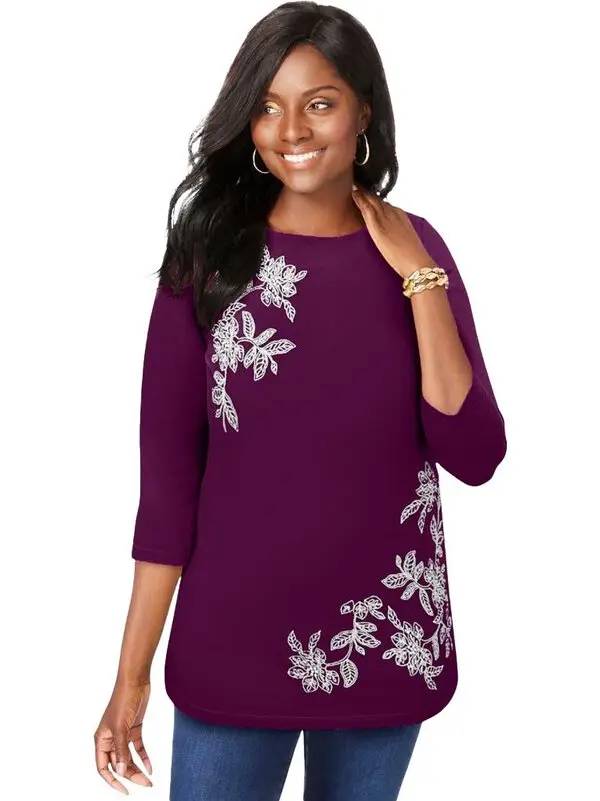 JESSICA LONDON Stretch Cotton Boatneck Tunic - Dark Berry Flower