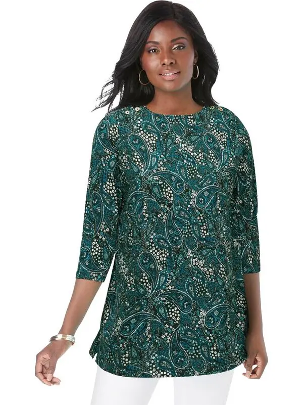 JESSICA LONDON Stretch Cotton Boatneck Tunic - Deep Teal Garden Paisley
