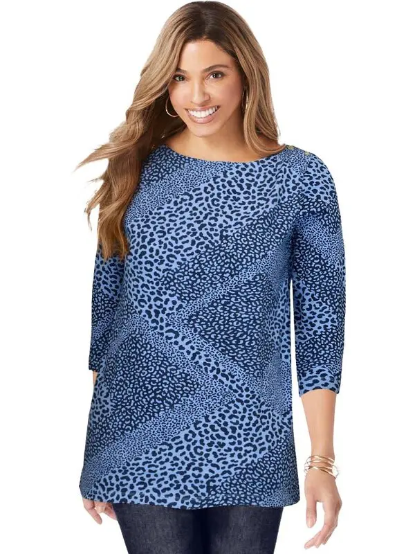 JESSICA LONDON Stretch Cotton Boatneck Tunic - French Blue Animal Patchwork