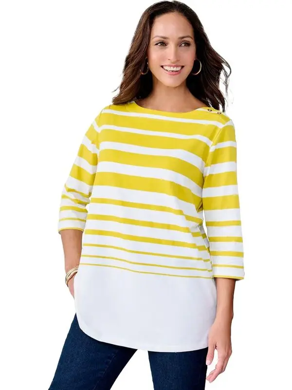 JESSICA LONDON Stretch Cotton Boatneck Tunic - Golden Citrus Stripe