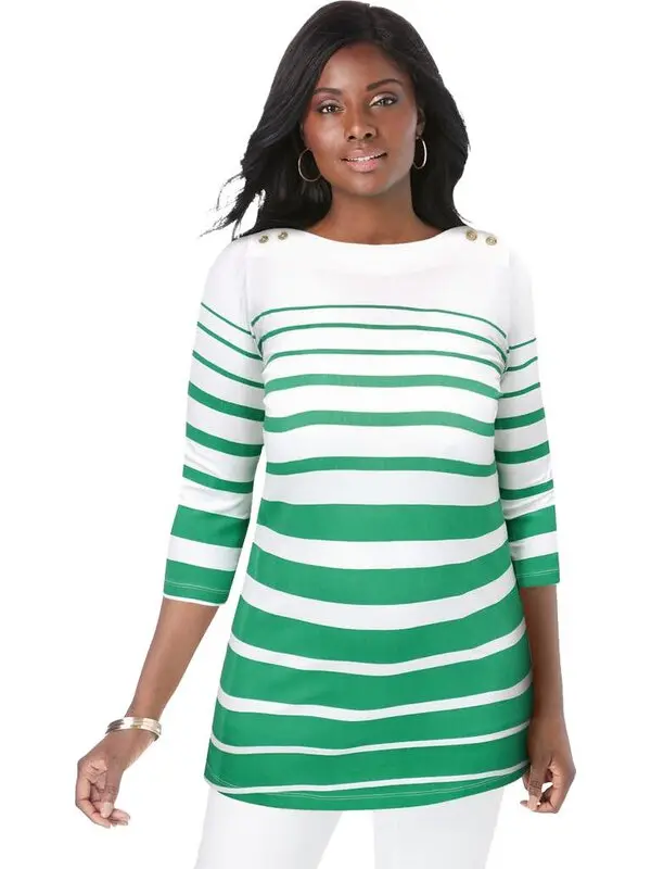 JESSICA LONDON Stretch Cotton Boatneck Tunic - Green Border Stripe