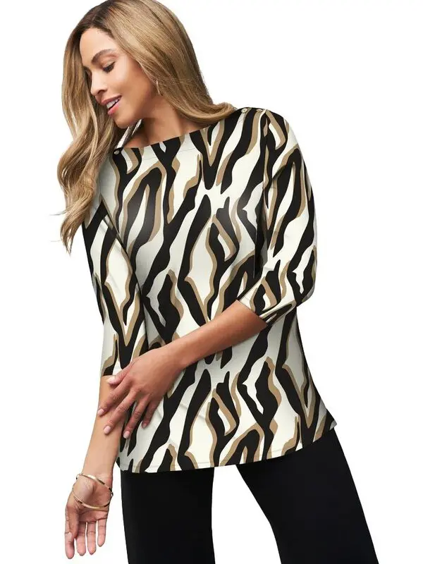 JESSICA LONDON Stretch Cotton Boatneck Tunic - Ivory Abstract Zebra