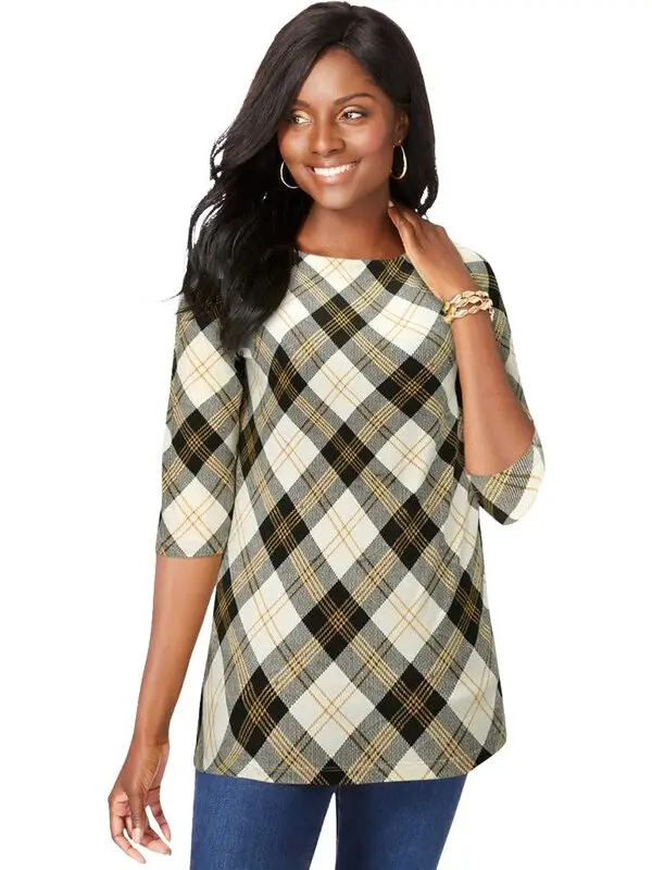 JESSICA LONDON Stretch Cotton Boatneck Tunic - Ivory Gold Plaid