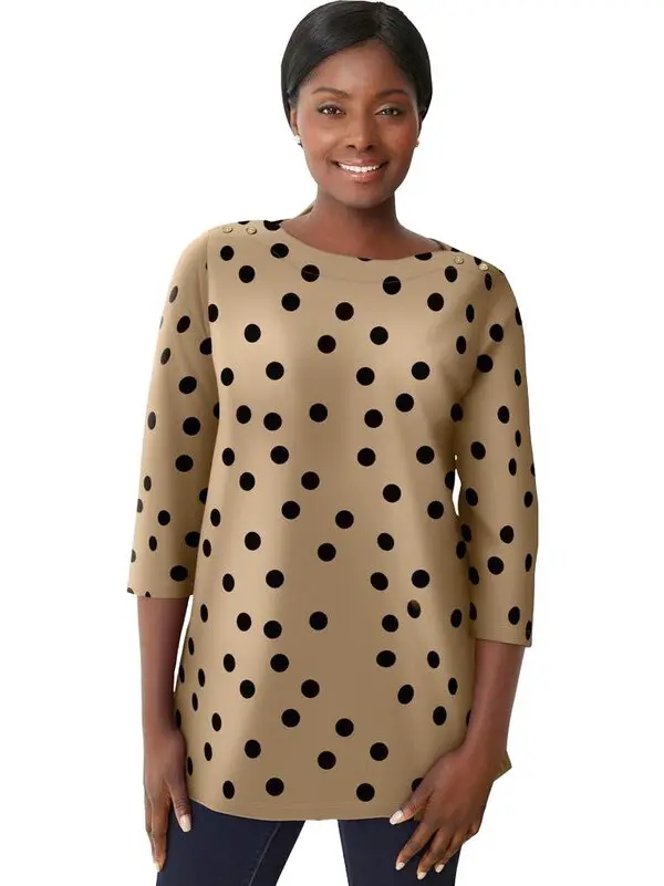 JESSICA LONDON Stretch Cotton Boatneck Tunic - Khaki Scatter Dot