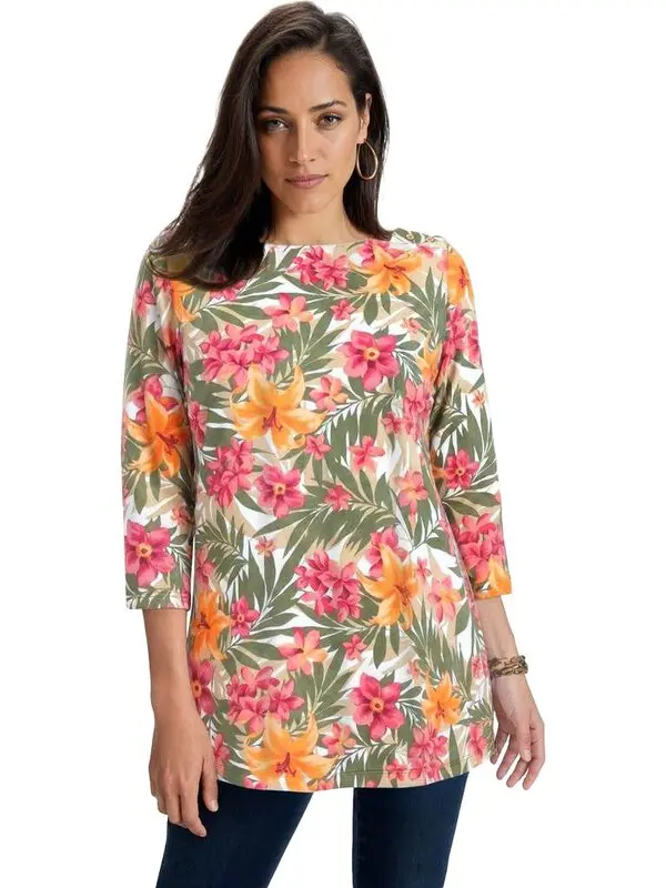 JESSICA LONDON Stretch Cotton Boatneck Tunic - Khaki Tropical Floral