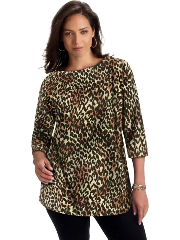 JESSICA LONDON Stretch Cotton Boatneck Tunic - Mocha Painted Cheetah