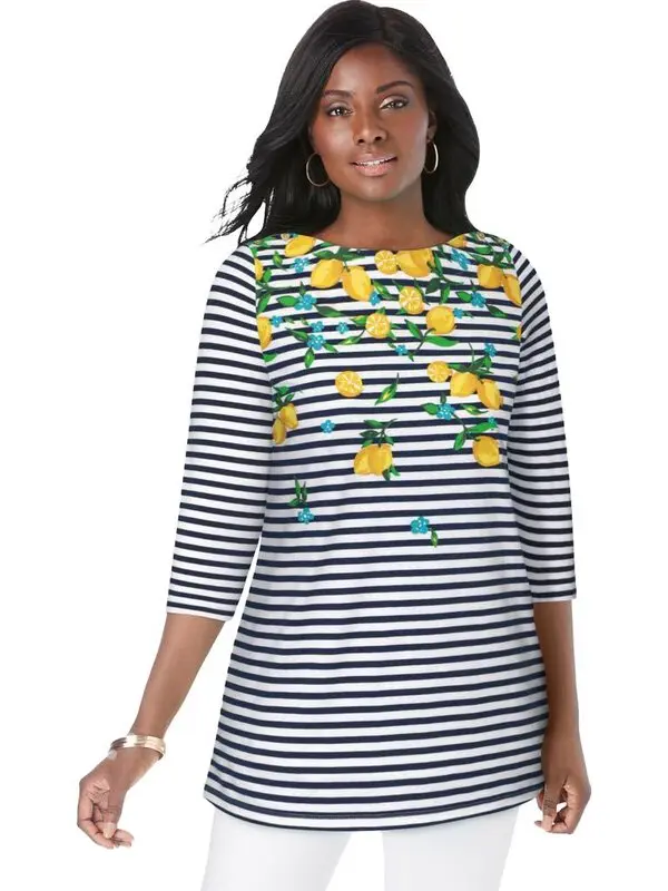 JESSICA LONDON Stretch Cotton Boatneck Tunic - Navy Lemon Stripe