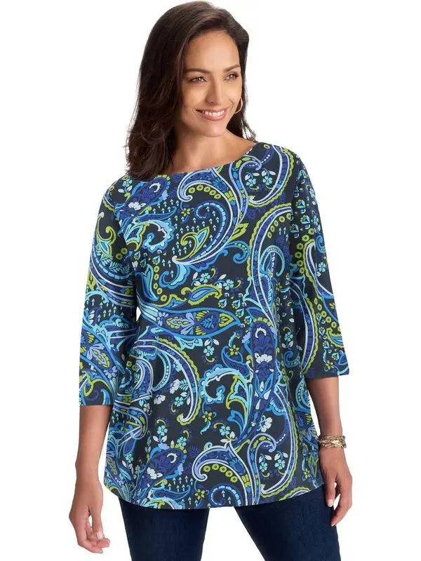 JESSICA LONDON Stretch Cotton Boatneck Tunic - Navy Painterly Paisley
