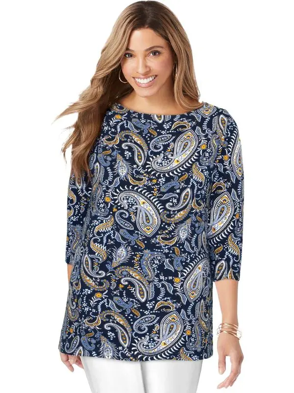 JESSICA LONDON Stretch Cotton Boatneck Tunic - Navy Paisley