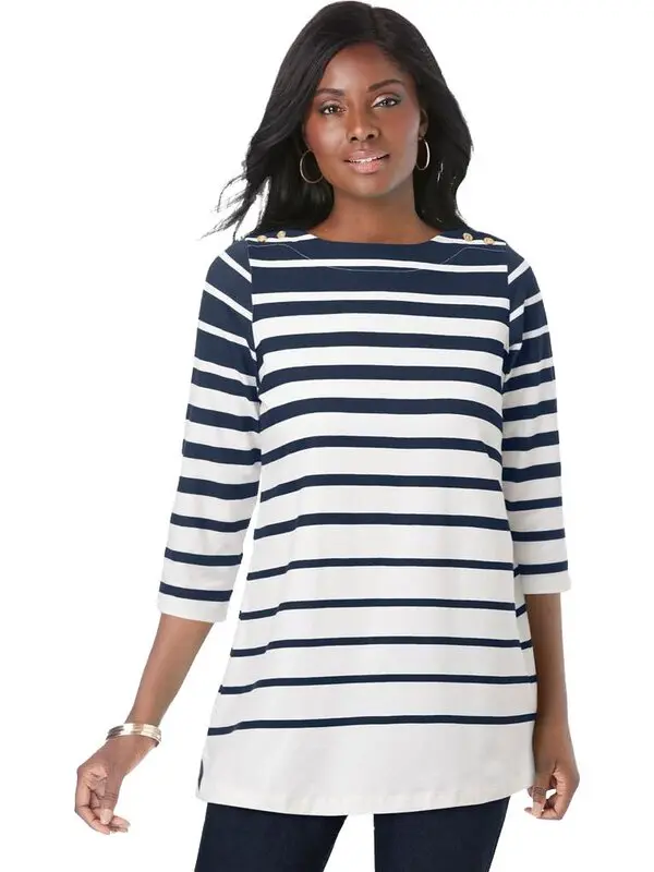 JESSICA LONDON Stretch Cotton Boatneck Tunic - Navy Stripe