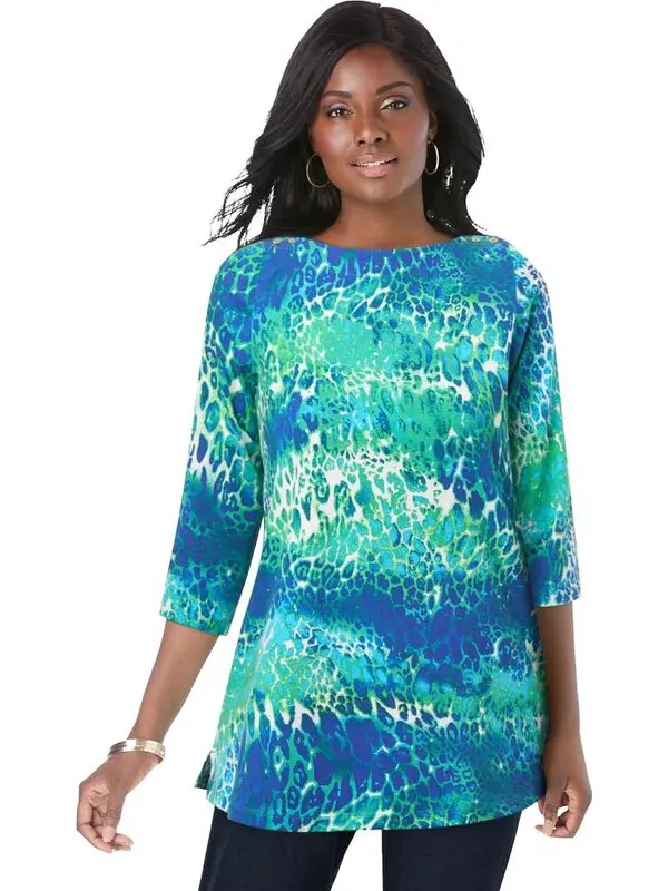 JESSICA LONDON Stretch Cotton Boatneck Tunic - Ocean Print