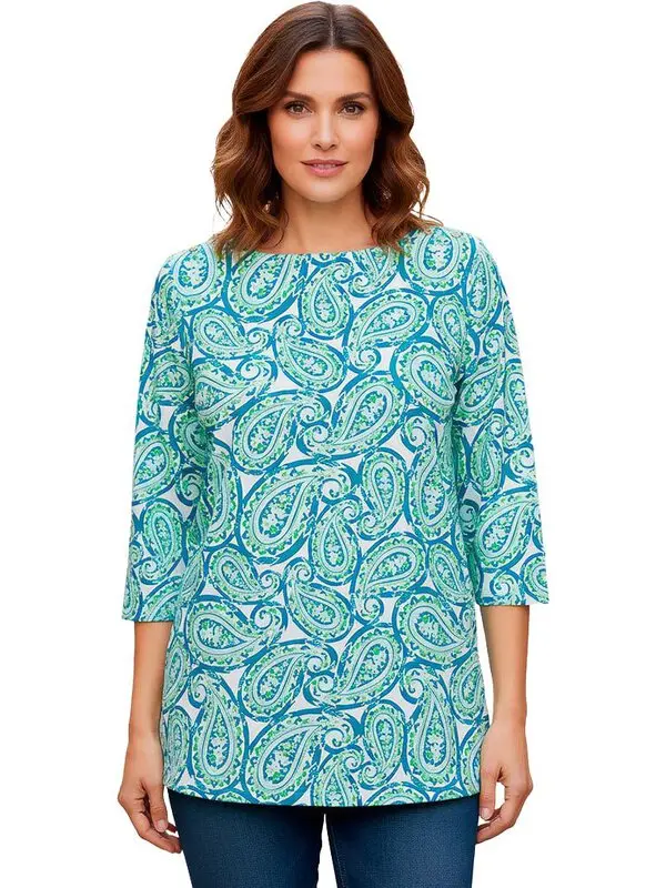 JESSICA LONDON Stretch Cotton Boatneck Tunic - Pale Seafoam Tossed Paisley