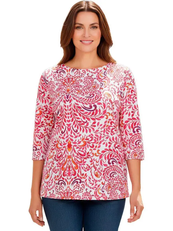 JESSICA LONDON Stretch Cotton Boatneck Tunic - Pink Burst Painted Scroll