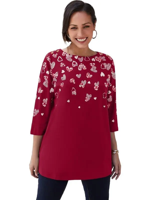 JESSICA LONDON Stretch Cotton Boatneck Tunic - Rich Burgundy Hearts