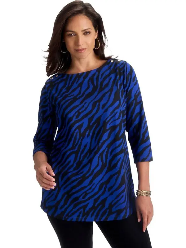 JESSICA LONDON Stretch Cotton Boatneck Tunic - Sapphire Bias Zebra
