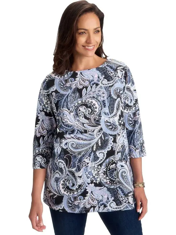 JESSICA LONDON Stretch Cotton Boatneck Tunic - Slate Grey Paisley