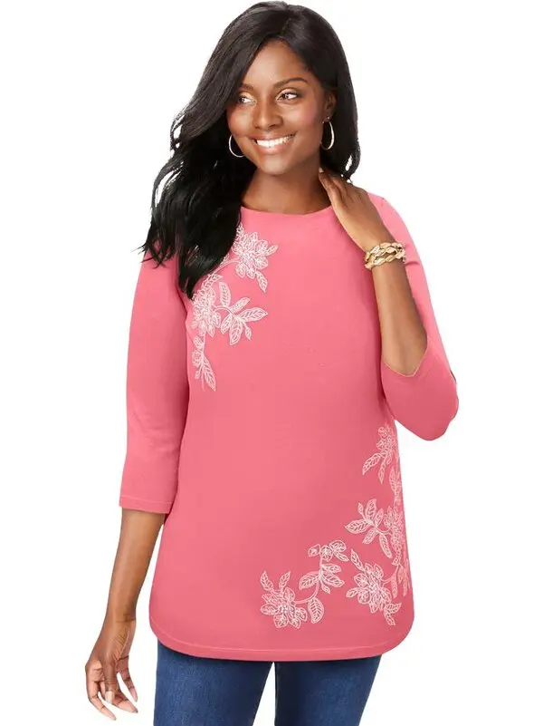 JESSICA LONDON Stretch Cotton Boatneck Tunic - Tea Rose Flower