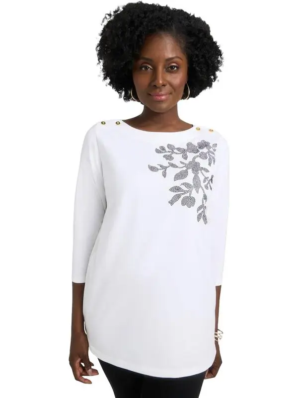 JESSICA LONDON Stretch Cotton Boatneck Tunic - White Floral Embellishment