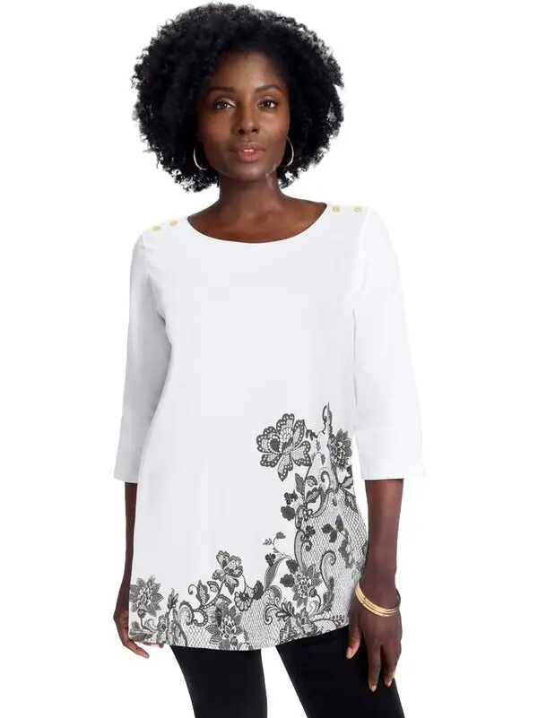 JESSICA LONDON Stretch Cotton Boatneck Tunic - White Lace Placement