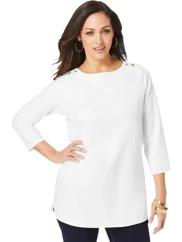 JESSICA LONDON Stretch Cotton Boatneck Tunic - White