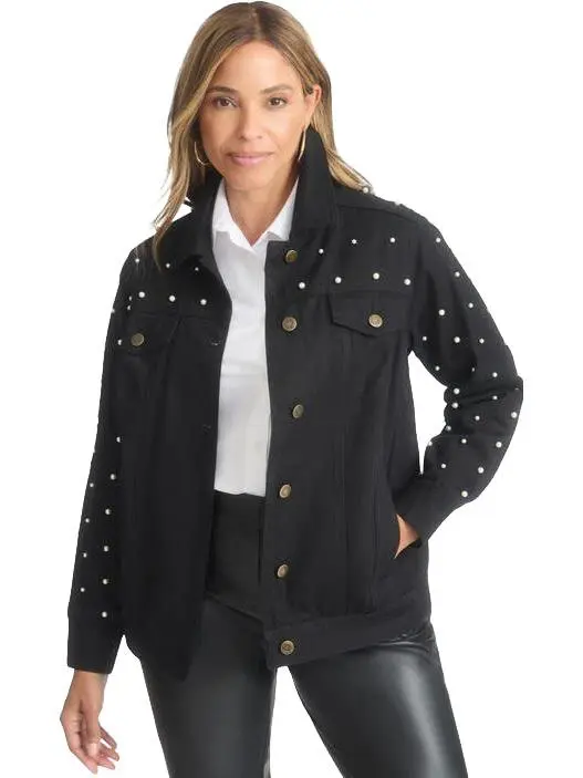 JESSICA LONDON Classic Cotton Denim Jacket - Black Pearl Embellishment
