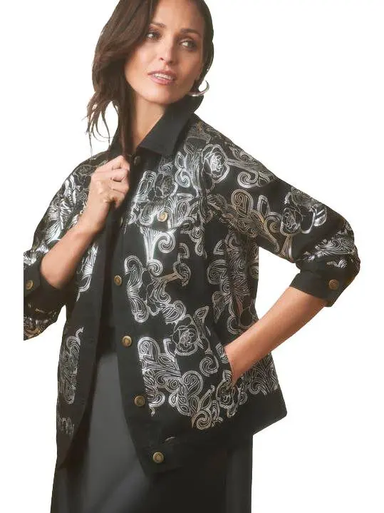 JESSICA LONDON Classic Cotton Denim Jacket - Black Silver Rose Scroll