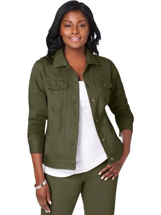 JESSICA LONDON Classic Cotton Denim Jacket - Dark Olive Green