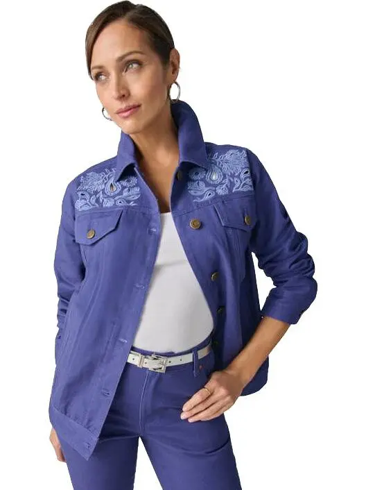 JESSICA LONDON Classic Cotton Denim Jacket - Dusk Paisley Embroidery