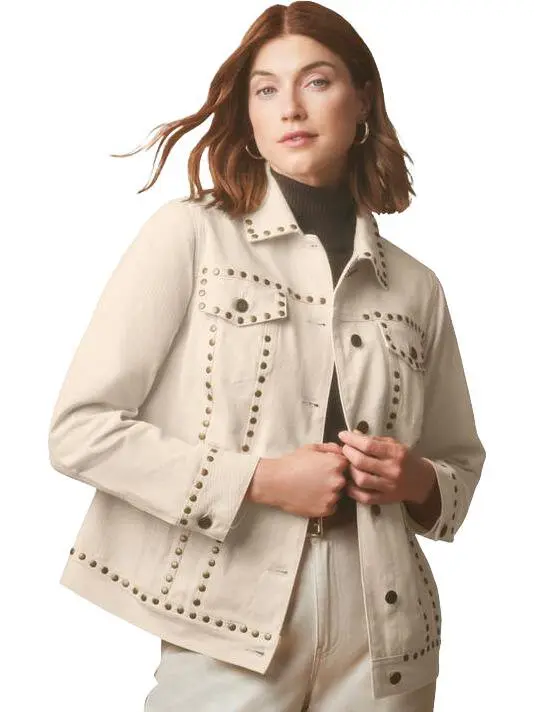 JESSICA LONDON Classic Cotton Denim Jacket - Oatmeal Studs