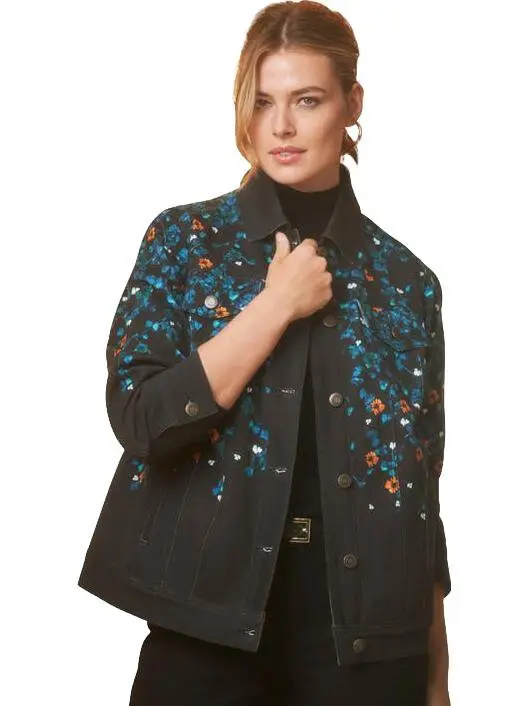 JESSICA LONDON Classic Cotton Denim Jacket - Teal Falling Leaves