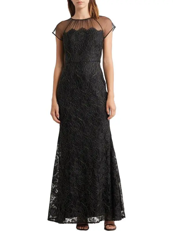 Eliza J Metallic Floral Embroidery Gown - Black Gold