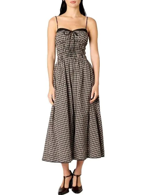 NIA Gingham Check Cotton Midi Dress - Oat