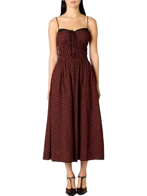 NIA Gingham Check Cotton Midi Dress - Rust