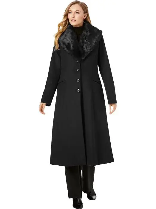 JESSICA LONDON Long Wool-blend Coat With Faux Fur Shawl Collar - Black