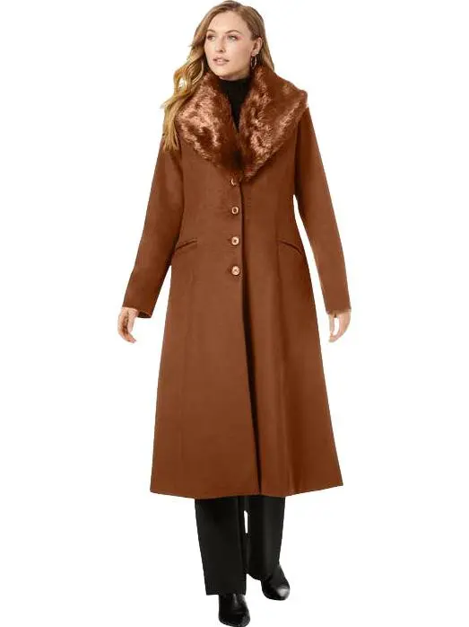 JESSICA LONDON Long Wool-blend Coat With Faux Fur Shawl Collar - Cognac