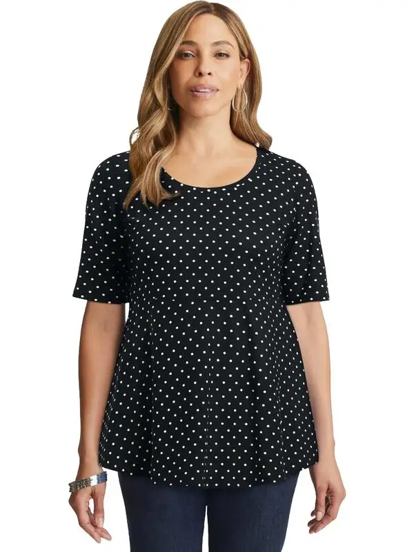 JESSICA LONDON Stretch Cotton Peplum Tunic - Black Ivory Dot