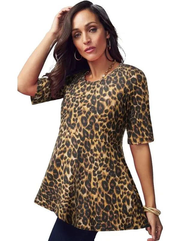 JESSICA LONDON Stretch Cotton Peplum Tunic - Brown Painterly Cheetah