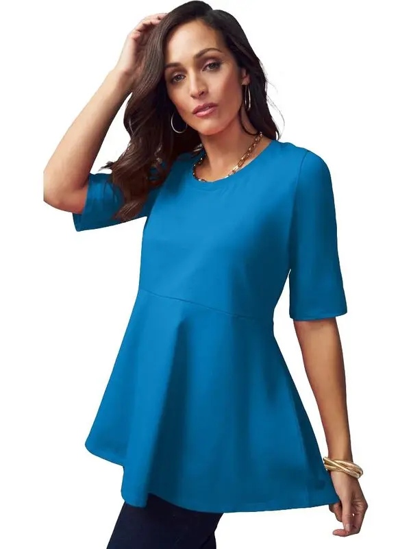 JESSICA LONDON Stretch Cotton Peplum Tunic - Pool Blue