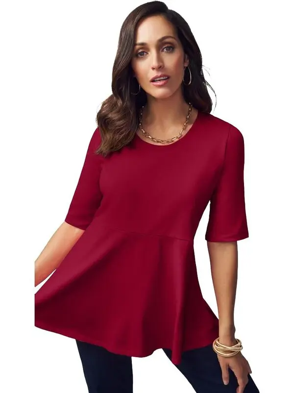 JESSICA LONDON Stretch Cotton Peplum Tunic - Rich Burgundy