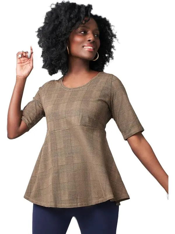JESSICA LONDON Stretch Cotton Peplum Tunic - Soft Camel Glen Plaid